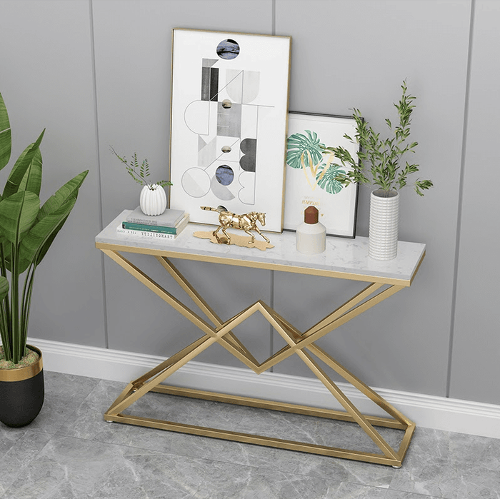 Francis White and Gold Ceramic Console table/ Ceramic tabletop/ Golden