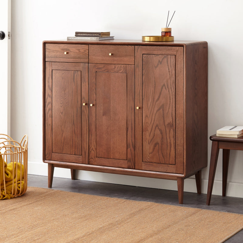 FAS-Graded Solid American Oak Wood Three-Door Shoe Cabinet with Drawer